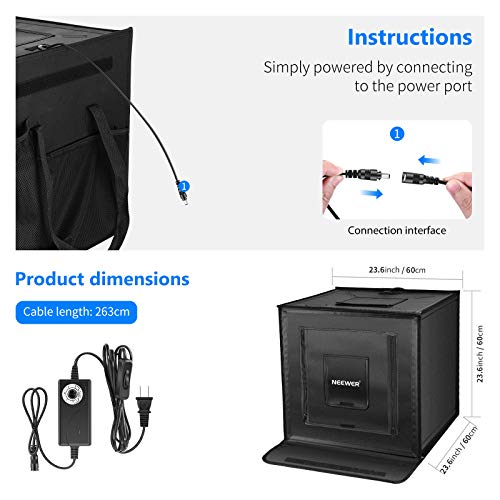 Neewer Photo Studio Light Box, 24” × 24” Shooting Light Tent with Adjustable Brightness, Foldable and Portable Tabletop Photography Lighting Kit with 120 LED Lights and 4 Colored Backdrops