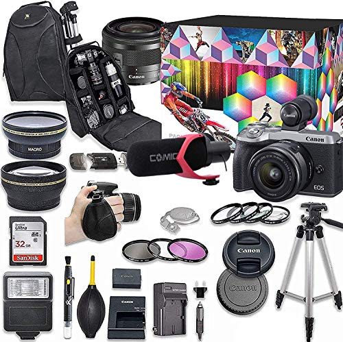 Canon EOS M6 Mark II Mirrorless Digital Camera Silver with 15-45mm Lens, EVF-DC2 Viewfinder Kit + Wide Angle Lens + 2X Telephoto Lens + Flash + SanDisk 32GB SD Memory Card + Accessory Bundle (Renewed)