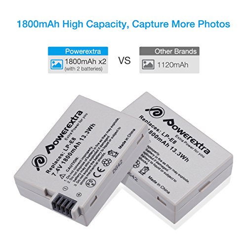 Powerextra LP-E8 2 Pack Compatible with Canon LP E8 Battery and Smart LCD Display Dual USB Charger for Rebel T3i T2i T4i T5i 600D 550D 650D 700D Kiss X5 X4 Kiss X6 Digital Camera