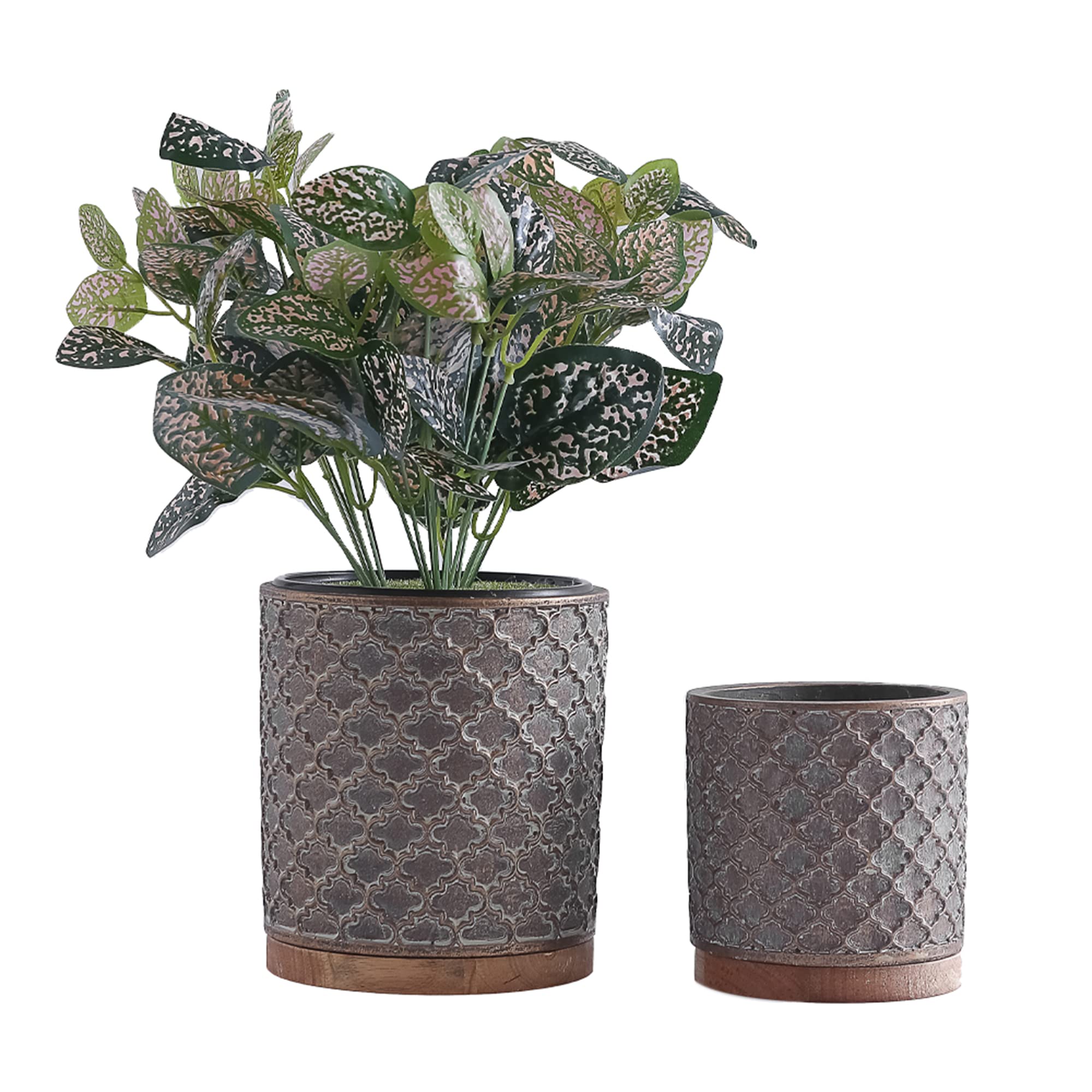 Yishang Cement Planter Flower Pot - 4.7 Inch and 6 Inch Indoor Plants Containers Without Drain Hole,Round Flower Planter Pots for Plants with Bamboo Saucer/Tray,Set of 2 (Brown).