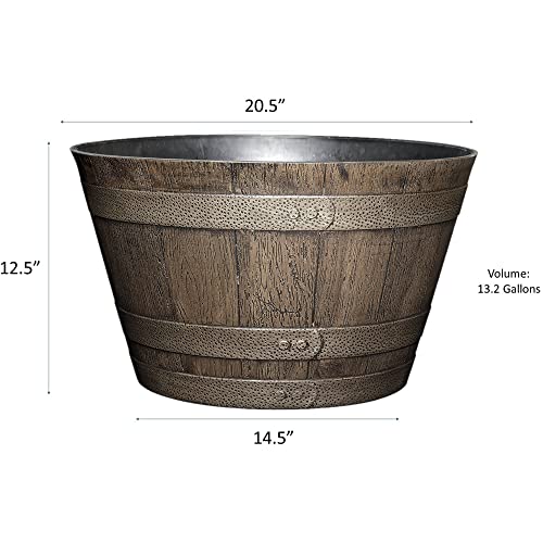 Classic Home and Garden Outdoor Whiskey Resin Flower Pot Barrel Planter, Oak Brown, 20.5" (Pack of 2)
