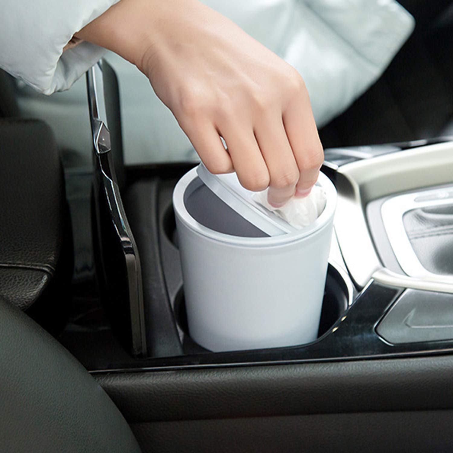 Sheebo Modern Plastic Mini Wastebasket Trash Can with Lid for Car - Dispose of Tissues, Reciepts, and Other Small trashes; 1 Liter (2pk - Khaki & Light Blue)