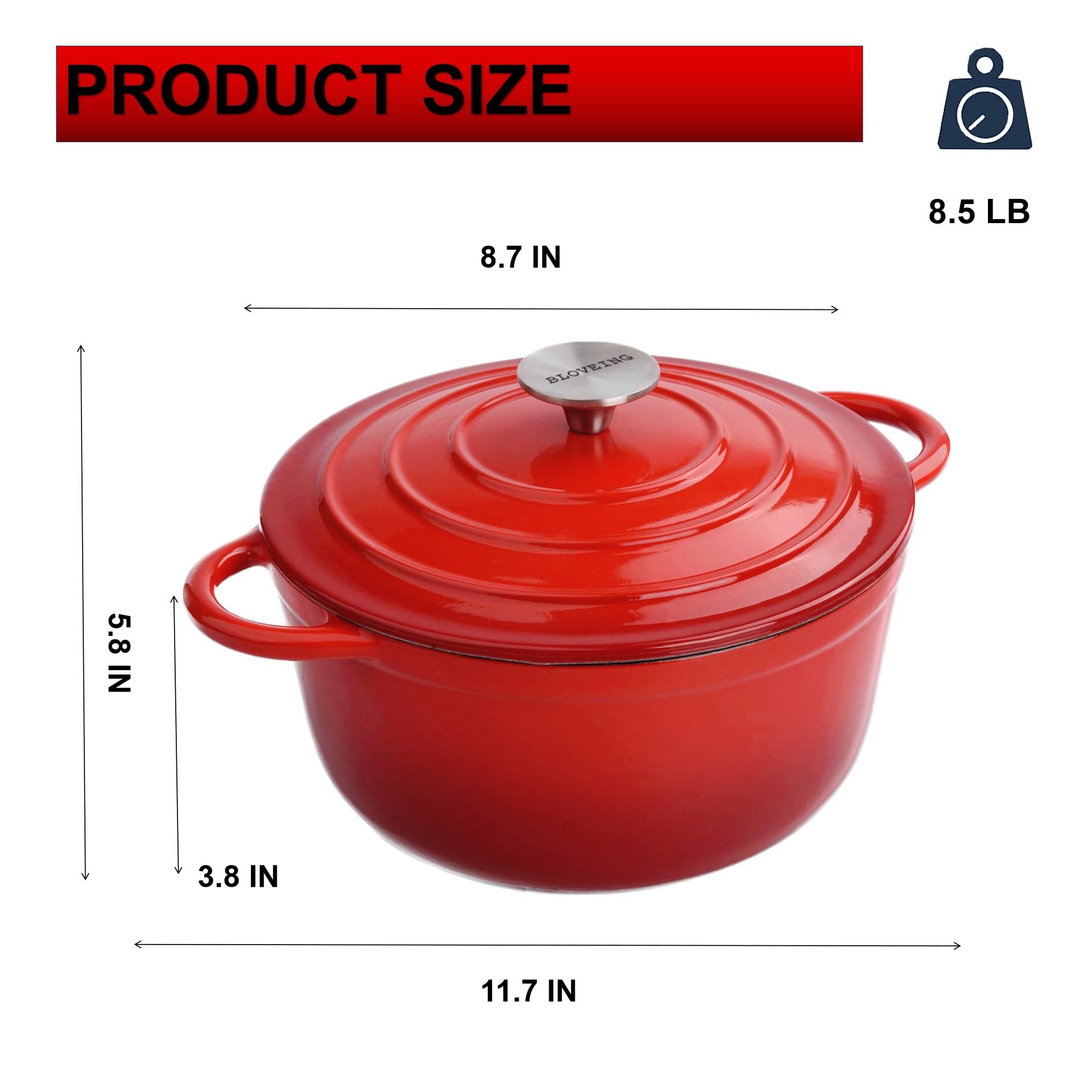 4.5 QT Enameled Cast Iron Dutch Oven with Lid Round Dutch Oven Big Dual Handles Classic Round Pot for Home Baking, Cooking, Red