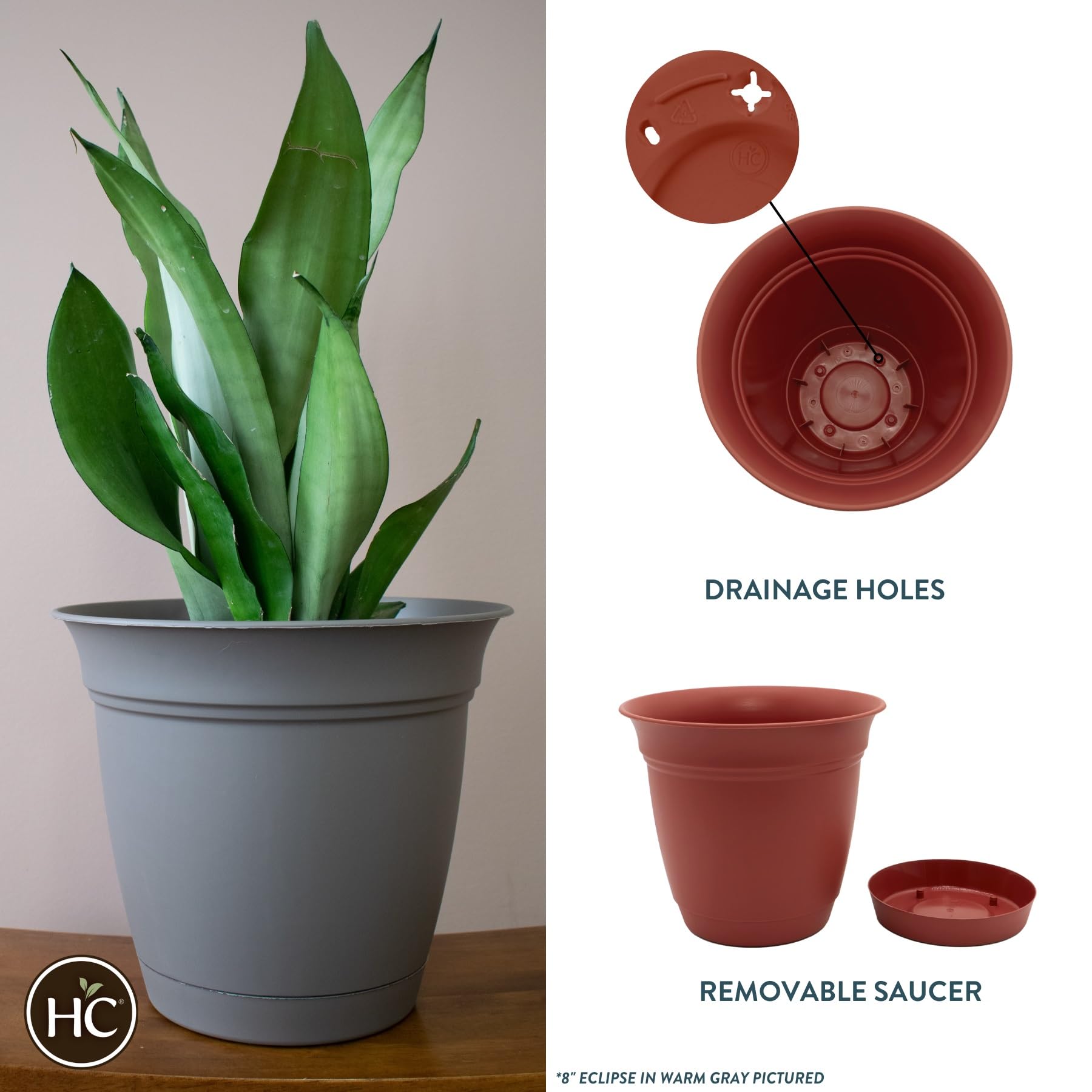 The HC Companies 10 Inch Eclipse Round Planter with Saucer - Indoor Outdoor Plant Pot for Flowers, Vegetables, and Herbs, Clay