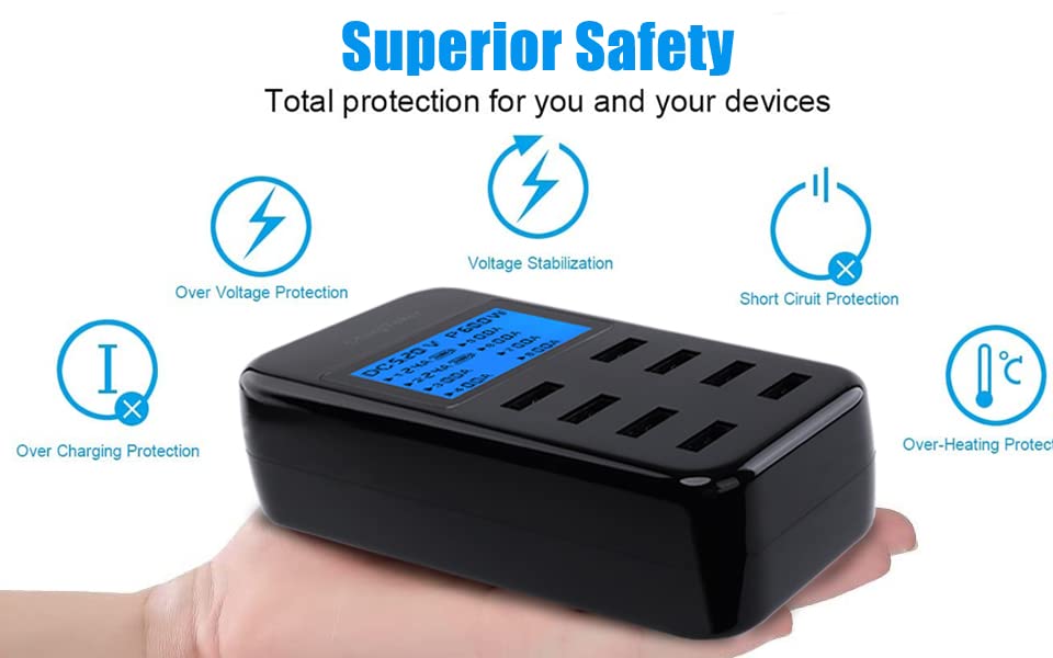 USB Charging Station, 60W 8 Port USB Charging Hub 12A USB Charger Station with LCD Display for Multiple Devices, Smart Desktop USB Charger for iPhone 14/14 Pro/13 Pro/13 Pro Max, Galaxy, iPad