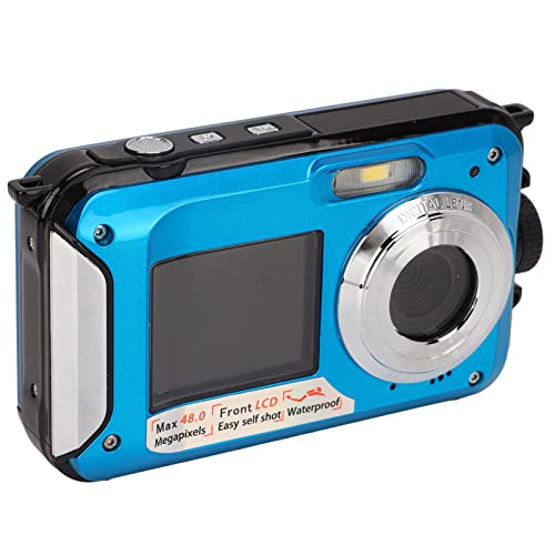 Dual Screens Waterproof Digital Camera, Full HD 2.7K 48MP 10ft 16X Digital Zoom Waterproof Dual Front and Rear Screen Digital Camera for Teenagers Beginners. (Blue)