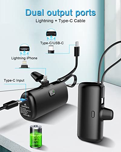 Aimenzunto Small Portable Charger Power Bank, 5000mAh with Lightning & USB C Dual Output Powerbank, LED Display Battery Pack Fast Charging for iPhone 14/13/12/11 Samsung Google Pixel Moto etc