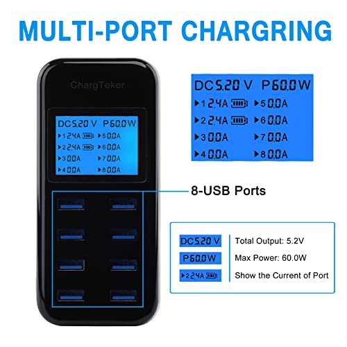 USB Charging Station, 60W 8 Port USB Charging Hub 12A USB Charger Station with LCD Display for Multiple Devices, Smart Desktop USB Charger for iPhone 14/14 Pro/13 Pro/13 Pro Max, Galaxy, iPad