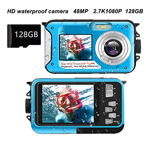 Dual Screens Waterproof Digital Camera, Full HD 2.7K 48MP 10ft 16X Digital Zoom Waterproof Dual Front and Rear Screen Digital Camera for Teenagers Beginners. (Blue)