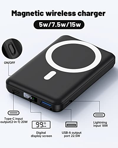 Yiisonger Magnetic Wireless Portable Charger, Foldable 10000mAh Battery Pack with USB-C Cable LED Display, Magnetic Power Bank 22.5W PD Fast Charging for iPhone 14/13/12/Pro/Mini/Pro Max(Black)
