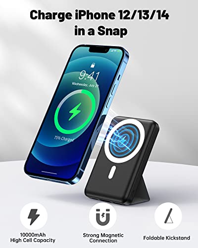 Yiisonger Magnetic Wireless Portable Charger, Foldable 10000mAh Battery Pack with USB-C Cable LED Display, Magnetic Power Bank 22.5W PD Fast Charging for iPhone 14/13/12/Pro/Mini/Pro Max(Black)