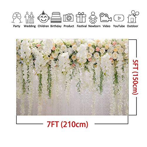 White Rose Floral Theme Photography Backdrops Bridal Shower Wedding Flowers Photo Background Baby Girl Birthday Party Portrait Dessert Cake Table Decor Photo Booth Studio Props 7x5ft Vinyl