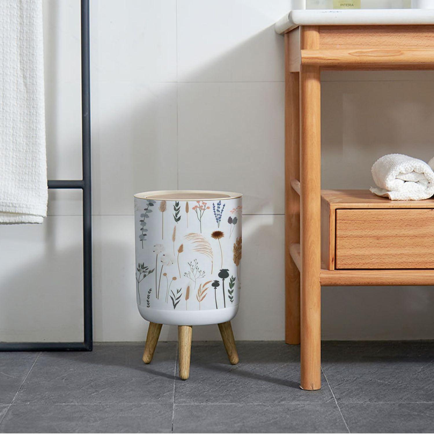 Small Trash Can with Lid for Bathroom Kitchen Office Diaper set boho plants Beautiful wild flowers Collection floral elements Bedroom Garbage Trash Bin Dog Proof Waste Basket Cute Decorative