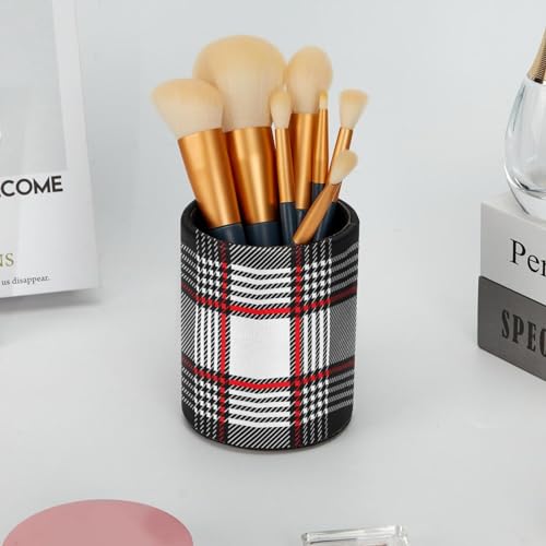 VIOQXI Classical Stripes Print Plaid Black Red White Pencil Cup for Desk Stand, Round Pen Holder Cup Pencil Cute, Pen Cup Pot Organizer Case, Make up Brush Holder for Women