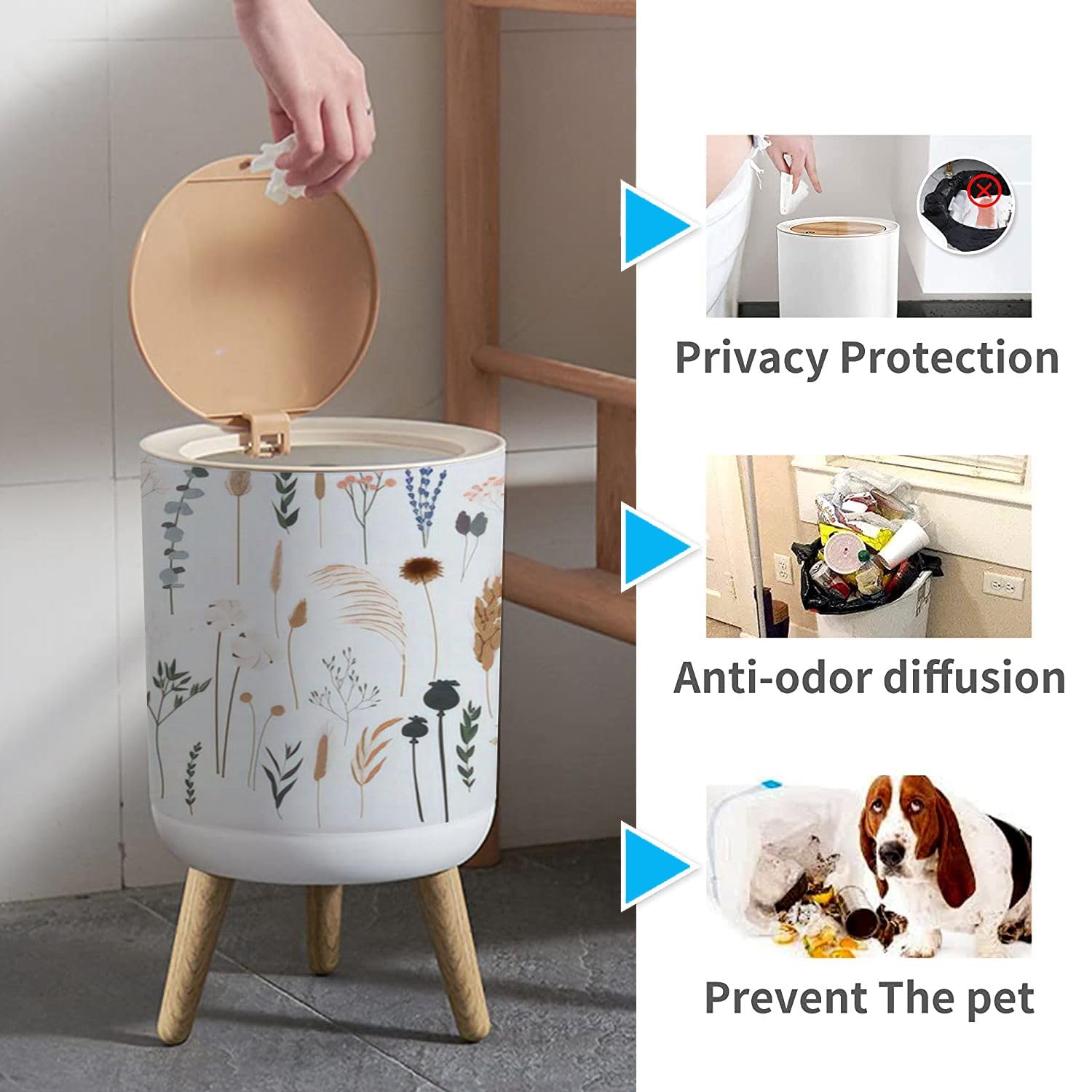 Small Trash Can with Lid for Bathroom Kitchen Office Diaper set boho plants Beautiful wild flowers Collection floral elements Bedroom Garbage Trash Bin Dog Proof Waste Basket Cute Decorative