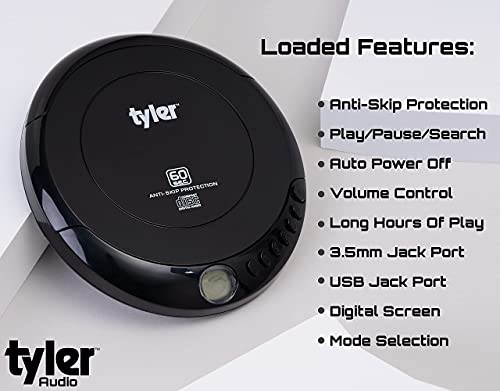 Tyler Portable CD Player Small Handheld Walkman Anti-Skip Shockproof Quality Earbuds Included Great for Kids Car Home Travel Gym USB AUX Output Disc CD-R CD-RW in-Car Compatible Compact & Lightweight