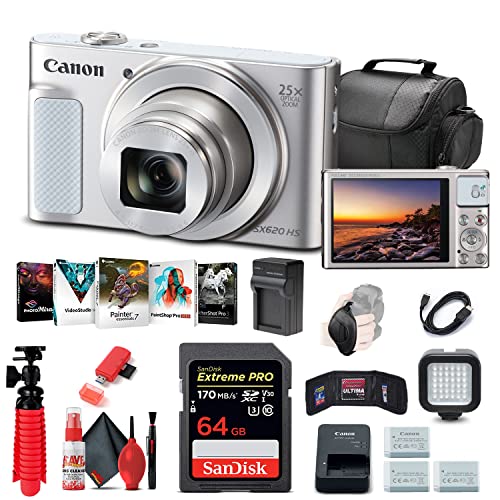 Canon PowerShot SX620 HS Digital Camera (Silver) (1074C001) + 64GB Memory Card + 2 x NB13L Battery + Corel Photo Software + Charger + Card Reader + LED Light + Soft Bag + More (Renewed)