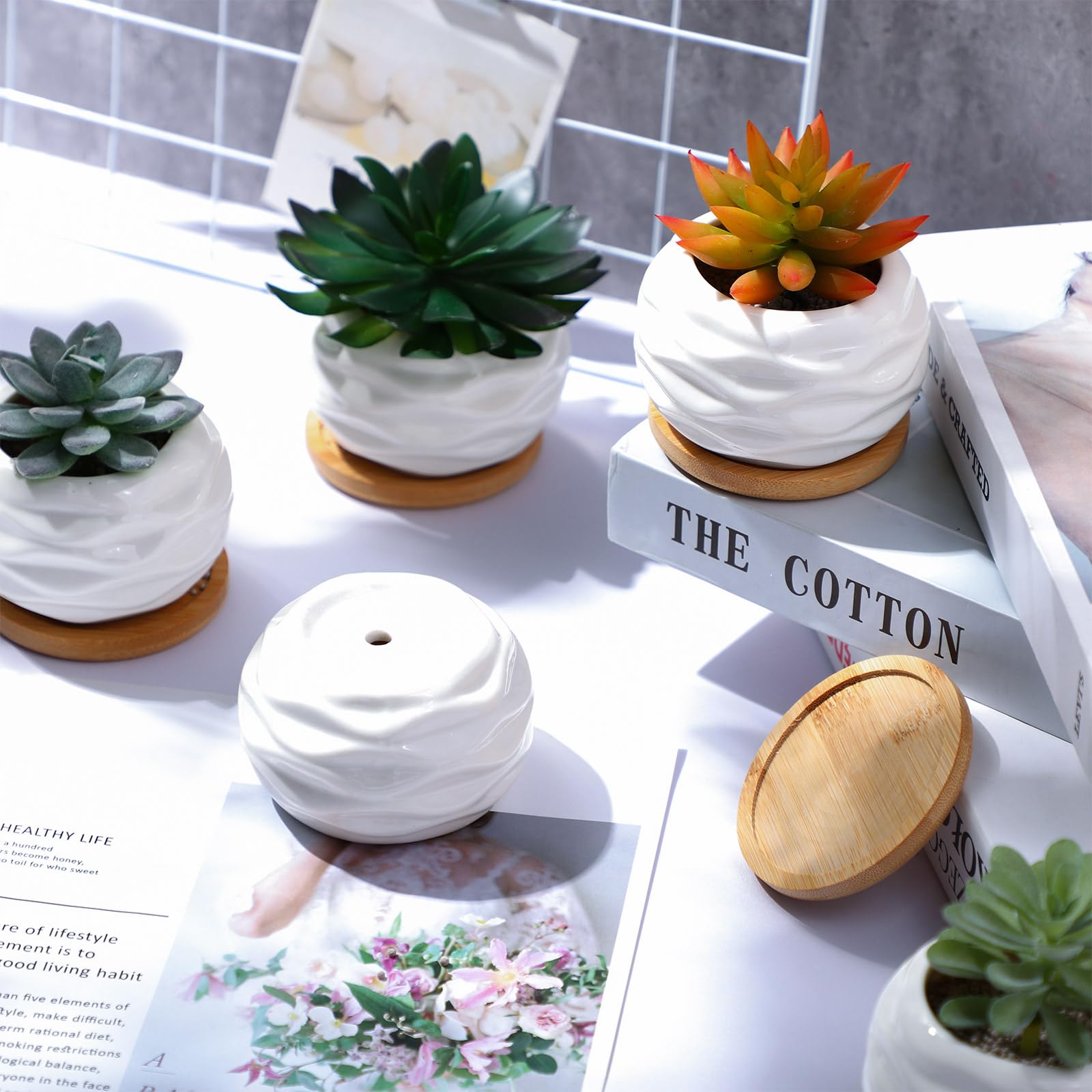 Hsei 12 Pack Small Succulent Planter 3 Inch with Bamboo Tray and Drainage Hole Mini Ceramic Flowers Pot White Water Pattern Plant Pots for Office Garden Home Decoration Gifts (Plants Not Included)