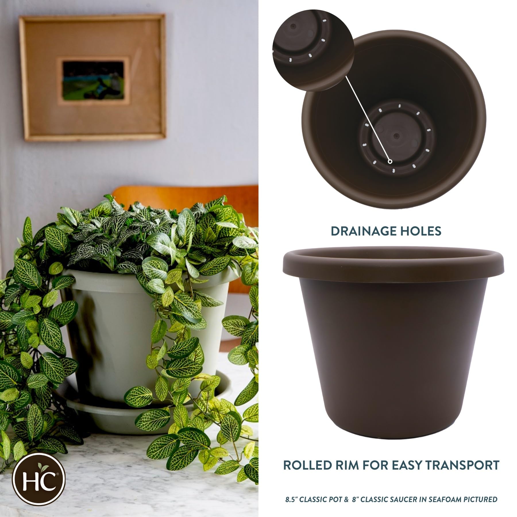 The HC Companies 8.5 Inch Round Classic Planter - Plastic Plant Pot for Indoor Outdoor Plants Flowers Herbs, Chocolate