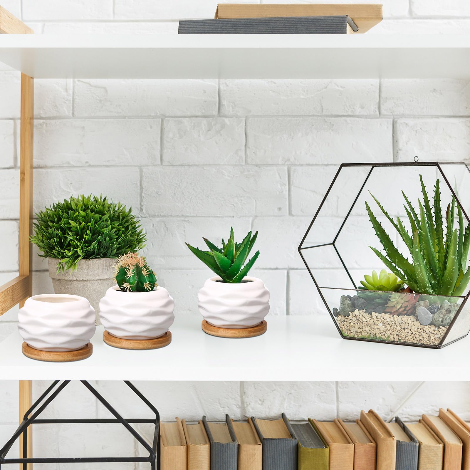 Hsei 12 Pack Small Succulent Planter 3 Inch with Bamboo Tray and Drainage Hole Mini Ceramic Flowers Pot White Water Pattern Plant Pots for Office Garden Home Decoration Gifts (Plants Not Included)