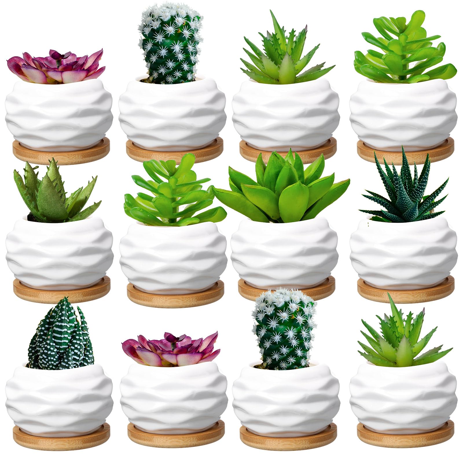 Hsei 12 Pack Small Succulent Planter 3 Inch with Bamboo Tray and Drainage Hole Mini Ceramic Flowers Pot White Water Pattern Plant Pots for Office Garden Home Decoration Gifts (Plants Not Included)