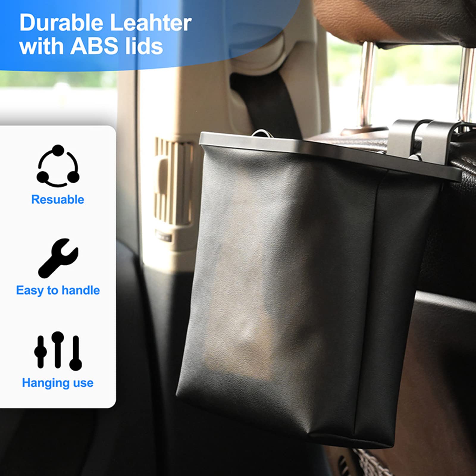 GRABLOOM Car Trash Can Collapsible Rubbish Basket with Hook & Lid Waterproof Leather Garbage Organizer Bin Portable Waste Basket Storage Bins