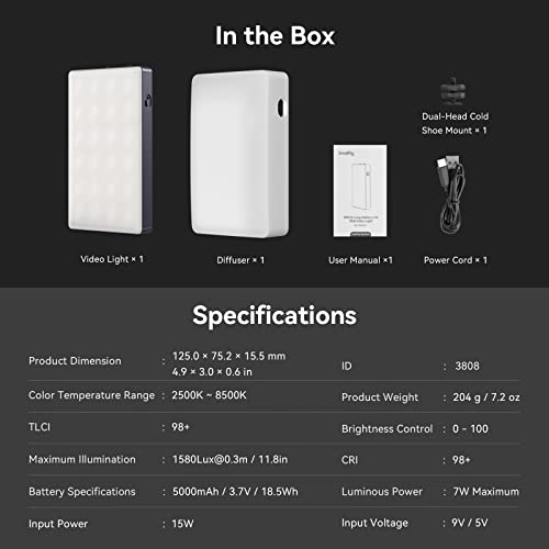 SmallRig RM120 5000mAh Camera Light Panel RGB Video Light Professional LED On Camera Video Light Portable Lights for Photography 2500K-8500K 98+ CRI Full Color for TikTok,Video Conference 3808