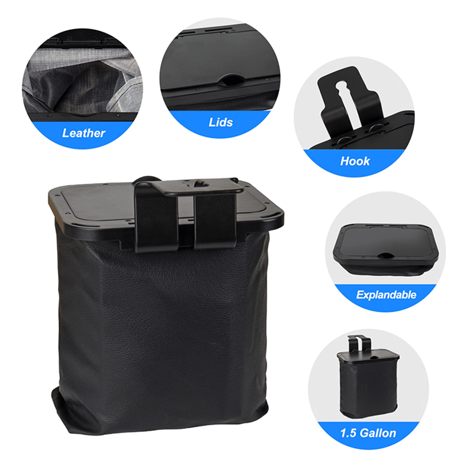 GRABLOOM Car Trash Can Collapsible Rubbish Basket with Hook & Lid Waterproof Leather Garbage Organizer Bin Portable Waste Basket Storage Bins
