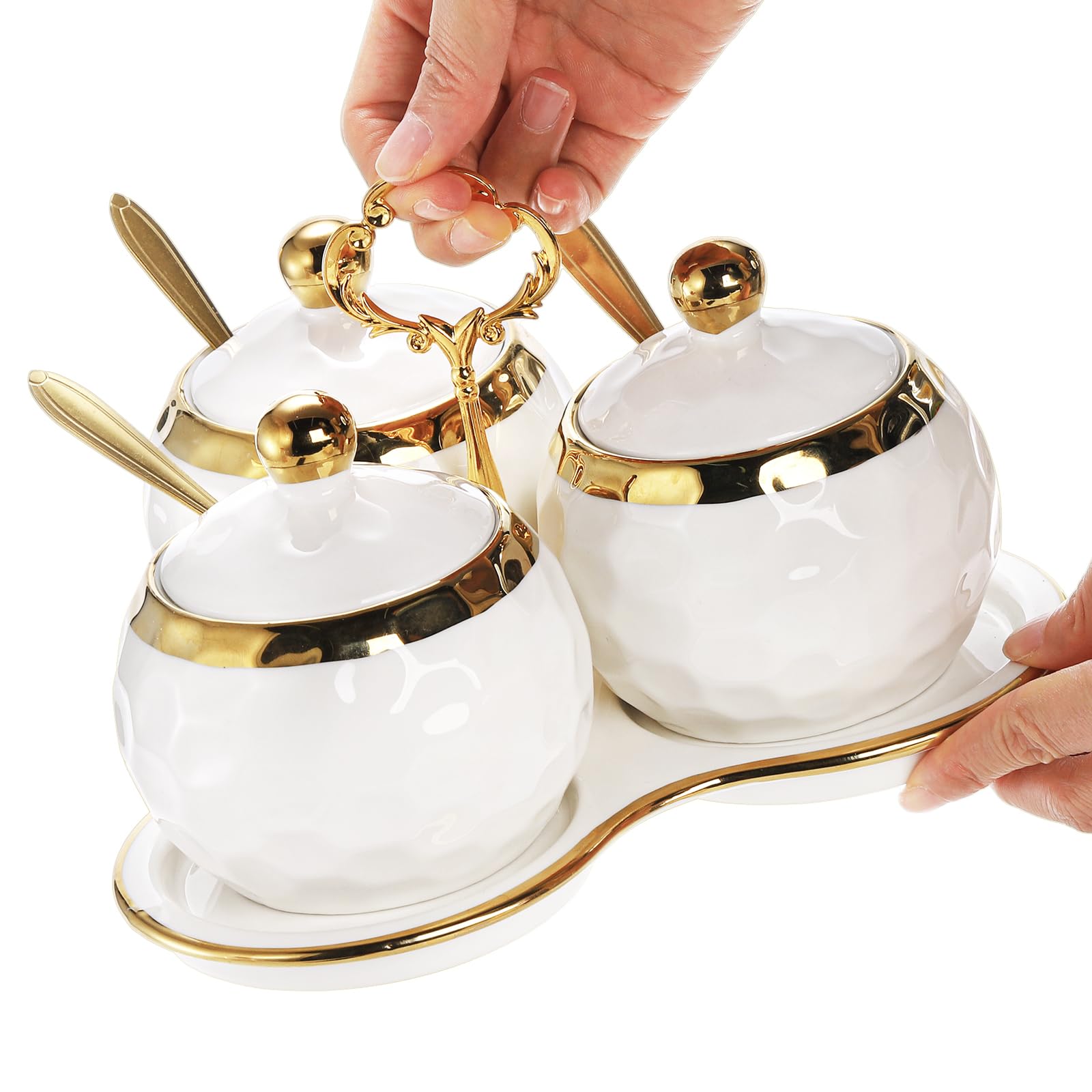 Foraineam Porcelain Condiment Pot Sugar Bowl Spice Jars with Lid, Spoon and Tray, Salt Container Spice Box Seasoning Pots, White Sugar Salt Bowls Set for Kitchen, Restaurant, Coffee Bar, Set of 3