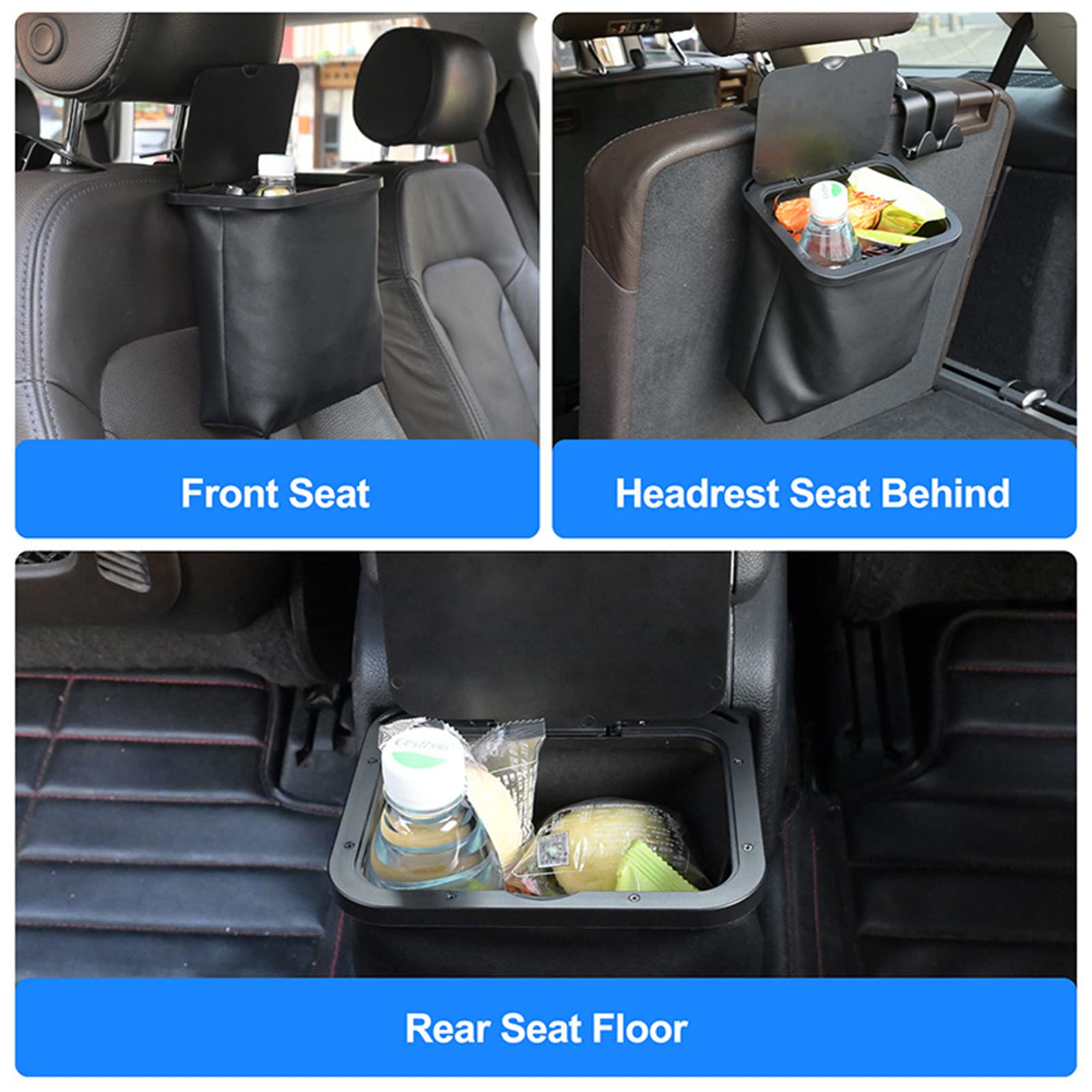 GRABLOOM Car Trash Can Collapsible Rubbish Basket with Hook & Lid Waterproof Leather Garbage Organizer Bin Portable Waste Basket Storage Bins