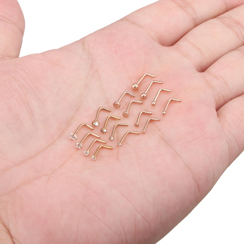 Ruifan 16PCS 18G Surgical Steel 1.5mm 2mm 2.5mm 3mm Top Flat & Ball & Clear Round & Jeweled Clear CZ Curved Nose Stud Ring L Shaped Piercing Jewelry - Rose Gold