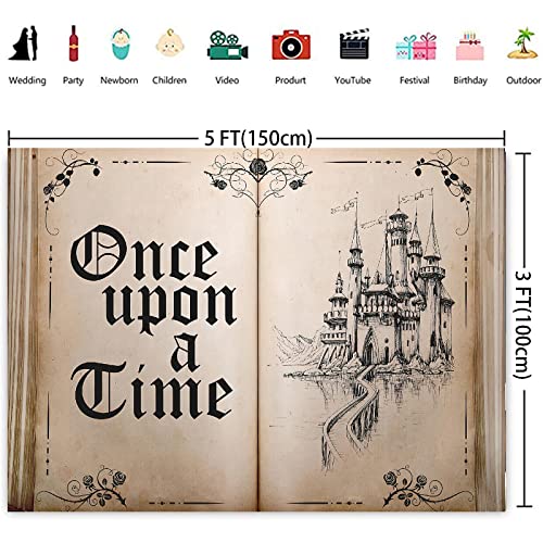 Fairy Tale Books Backdrop Once Upon a Time Backdrops Ancient Castle Princess Romantic Wedding Birthday Party Decorations Magic Book Background Banner Props 5x3FT