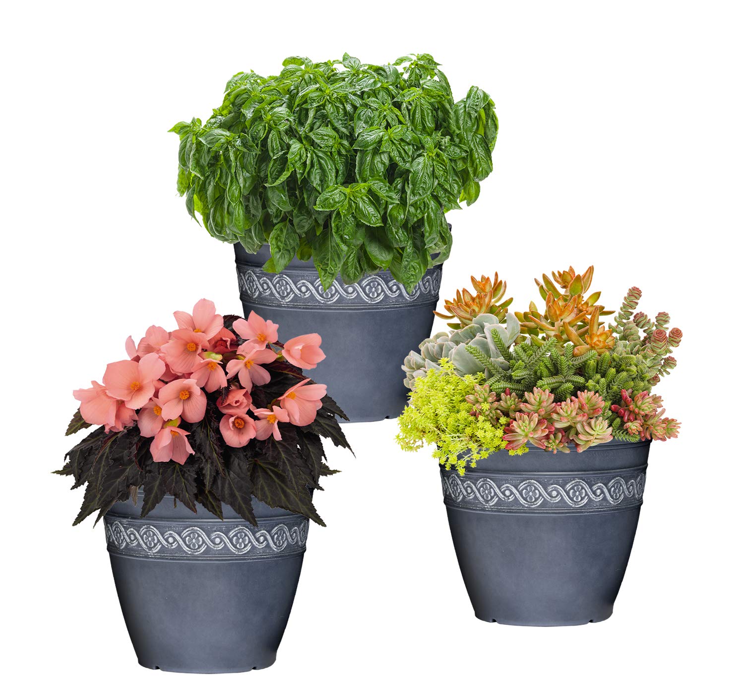 Classic Home and Garden Corinthian Round Resin Flower Planter Pot, Storm Blue 8" (Pack of 3)