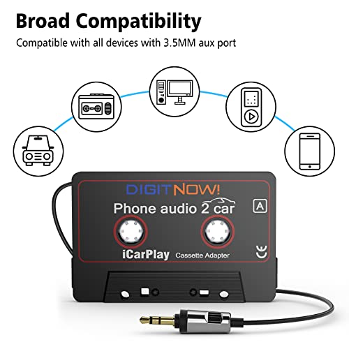 DIGITNOW Car Audio Cassette to Aux Adapter, 3.5mm Audio Cable Tape Player for Smartphone/MP3 Player/CD Player, 4.6 Inch Cable(Black)