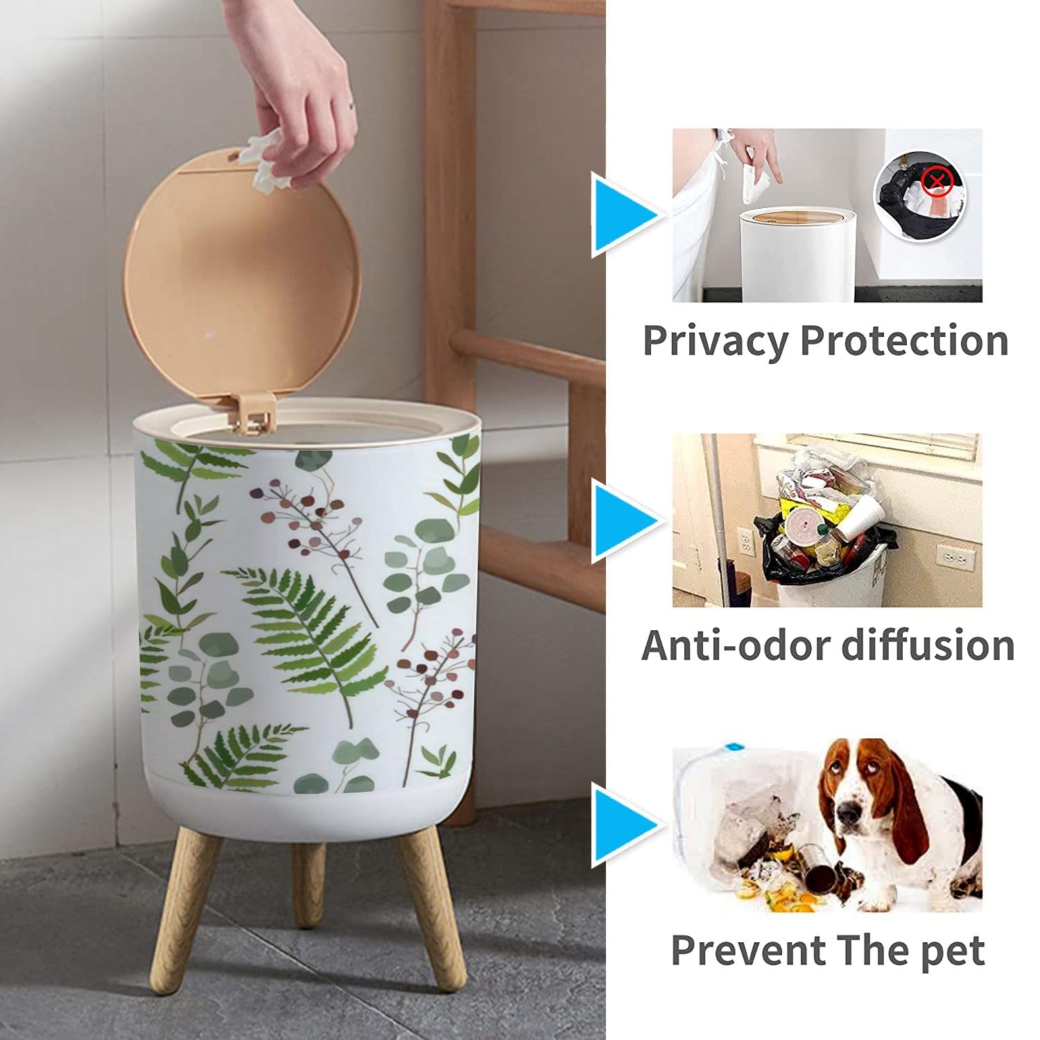 Small Trash Can with Lid for Bathroom Kitchen Office Diaper Seamless pattern green plants white background For wedding decor Bedroom Garbage Trash Bin Dog Proof Waste Basket Cute Decorative