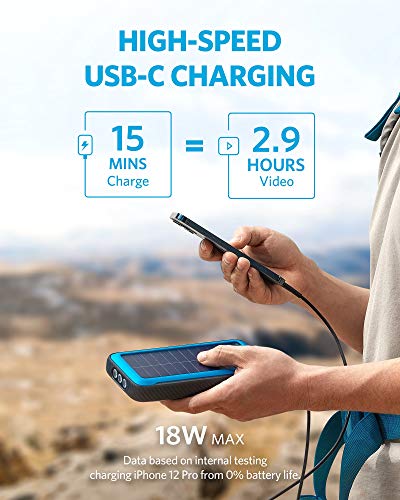 Anker PowerCore Solar 20000, 18W USB-C Power Bank 20,000 mAh with Dual Ports, Flashlight, IP65 Splash Proof and Dustproof for Outdoor Activities, Compatible with Smartphones and Other Devices