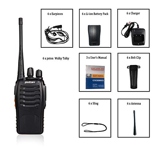 pxton Two Way Radios Long Range Walkie Talkies for Adults with Headphones,16 Channel Handheld 2 Way Radio Rechargeable with Flashlight Li-ion Battery and Charger(6 Pack)