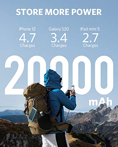 Anker PowerCore Solar 20000, 18W USB-C Power Bank 20,000 mAh with Dual Ports, Flashlight, IP65 Splash Proof and Dustproof for Outdoor Activities, Compatible with Smartphones and Other Devices