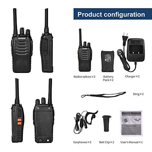 BAOFENG Walkie Talkies Long Range for Adults Kids Two Way Radios with Earpieces,16 Channel UHF, Rechargeable Handheld 2-Way Radios with Flashlight (2 Pack), black, 88A