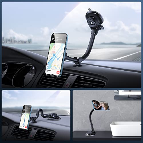 OQTIQ Magnetic Phone Holder for Car Dashboard Windshield 8.3-Inch Flexible Gooseneck Arm Suction Cup Car Magnetic Phone Mount 6 Strong Magnets Sturdy for All iPhone Android Smartphones [Case Friendly]