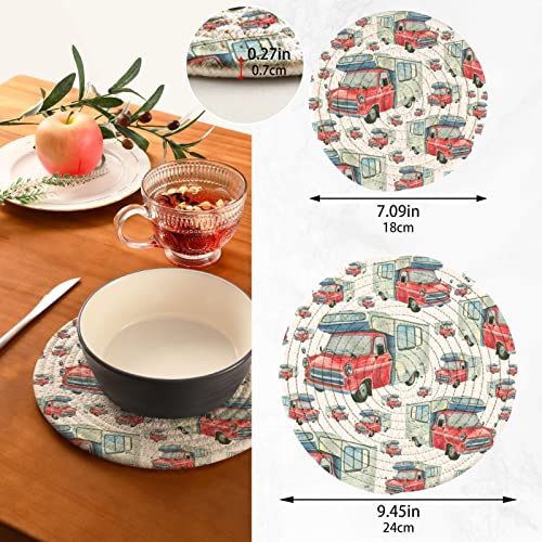 Camper Motorhouse Summer Trivet Pot Holders Red Classic Camper Van Hot Pads Trivets Mats Heat Resistant Cotton Potholders Round Table Counter Mat for Kitchen Coaster Hot Pan Dish 2pcs