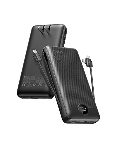 Portable Power Bank 20000mAh,VRURC 22.5W USB Port Fast Charging Portable Charger,Built-in AC Wall Plug, Micro&USB C Cables,4 Output Dual Input LED Display Integrated External Battery For Smart Devices