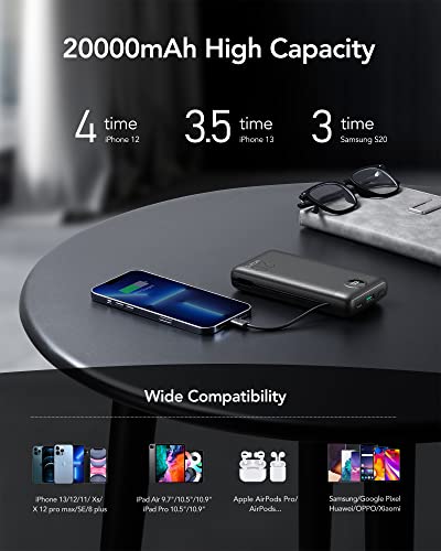 Portable Power Bank 20000mAh,VRURC 22.5W USB Port Fast Charging Portable Charger,Built-in AC Wall Plug, Micro&USB C Cables,4 Output Dual Input LED Display Integrated External Battery For Smart Devices