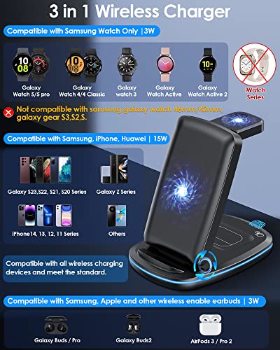 Wireless Charger 3 in 1, Foldable Fast Charging Station Compatible with Samsung Galaxy Watch 5 Pro/5/4/3/Active, S23 S23+ S22 S22+ S21 S20 Ultra FE/Note 20 10 9/ Z Flip Fold 4 3 2, Buds/2/Pro/Live