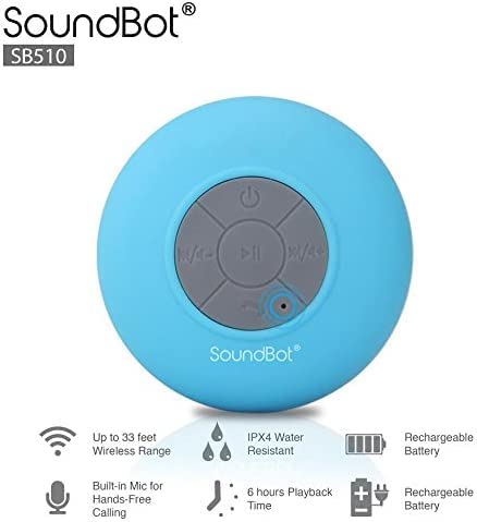 Soundbot SB510 Bluetooth Shower Speaker HD Water Resistant Bathroom Speakers, Handsfree Portable Speakerphone with Built-in Mic, 6hrs of Playtime, Control Buttons and Dedicated Suction Cup (Blue)