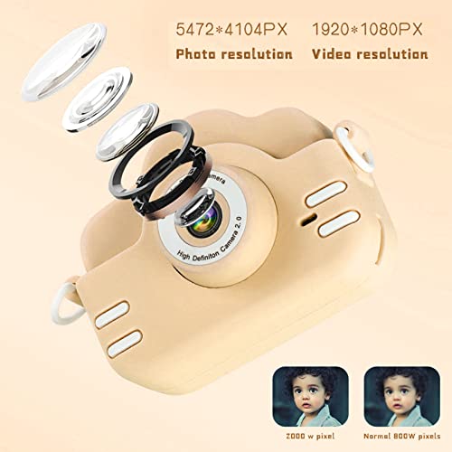 Children Digital Camera, Anti Skid Rounded Shape Built in Puzzle Games 15 Frames Kids Camera for Toddler for Travel(Light Yellow)