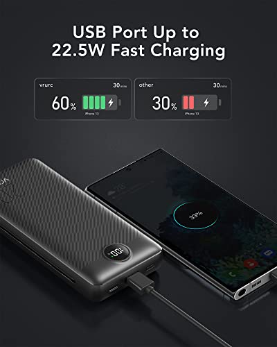 Portable Power Bank 20000mAh,VRURC 22.5W USB Port Fast Charging Portable Charger,Built-in AC Wall Plug, Micro&USB C Cables,4 Output Dual Input LED Display Integrated External Battery For Smart Devices