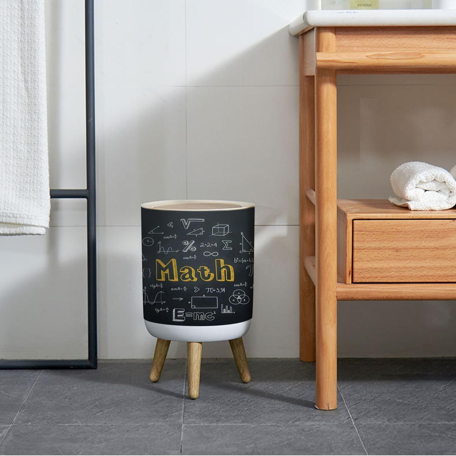 Small Trash Can with Lid for Bathroom Kitchen Office Diaper Math chalkboard hand drawn style Round lettering mathematical symbols Bedroom Garbage Trash Bin Dog Proof Waste Basket Cute Decorative
