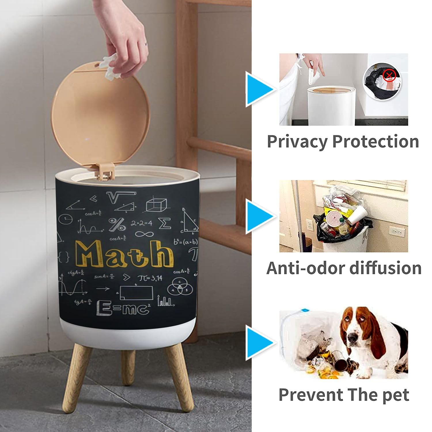 Small Trash Can with Lid for Bathroom Kitchen Office Diaper Math chalkboard hand drawn style Round lettering mathematical symbols Bedroom Garbage Trash Bin Dog Proof Waste Basket Cute Decorative