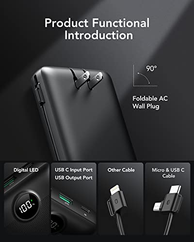 Portable Power Bank 20000mAh,VRURC 22.5W USB Port Fast Charging Portable Charger,Built-in AC Wall Plug, Micro&USB C Cables,4 Output Dual Input LED Display Integrated External Battery For Smart Devices